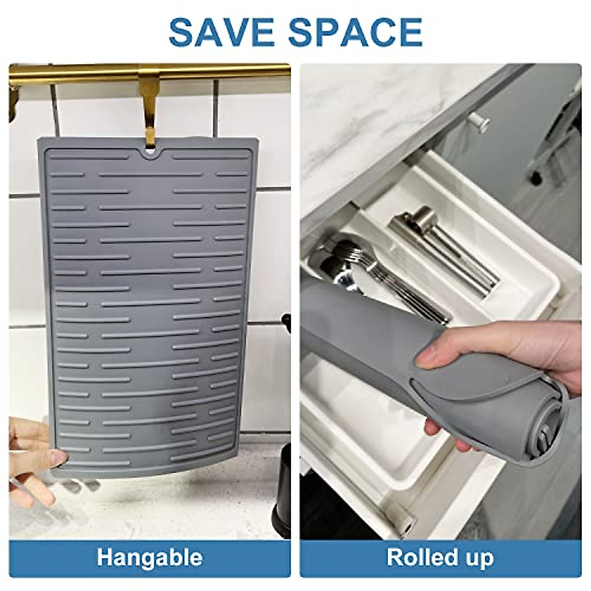 Yatmung Collapsible Silicone drying mat for Kitchen Counter - Non-Slip dish drying pad with hook and retaining band - Foldable design ( 24" x 13" ) to（ 8" x 13" ）- Large rubber rack mat（ Grey ）