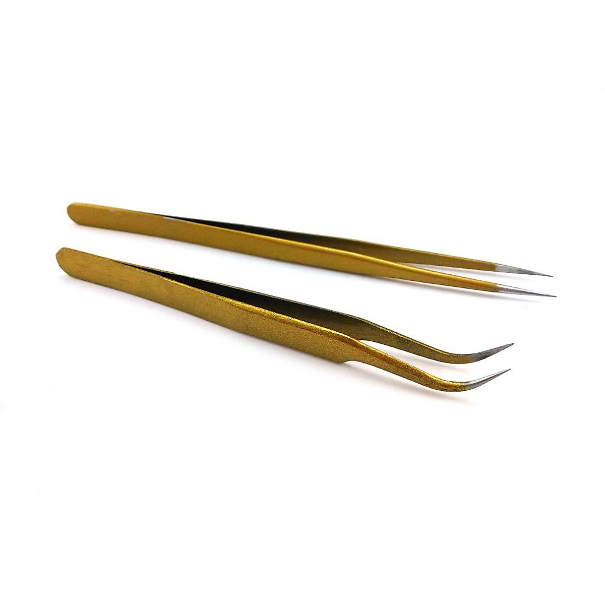 yueton 2pcs Gold Color Coated Stainless Steel Straight and Curved Head Tweezers with Leather Case for Eyelash Extension