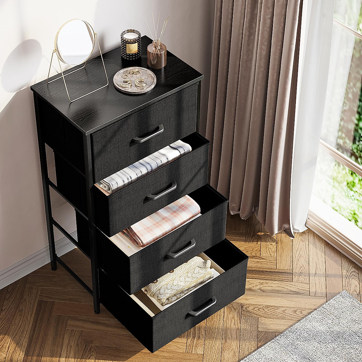 ODK Dresser for Bedroom with 4 Storage Drawers, Small Dresser Chest of Drawers Fabric Dresser with Sturdy Steel Frame, Dresser for Closet with Wood Top, Black