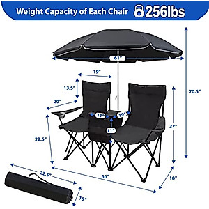 LEADALLWAY Double Camping Chair with Parasol Portable Folding Lawn Chair Support 256 LBS,19''x19''Each seat