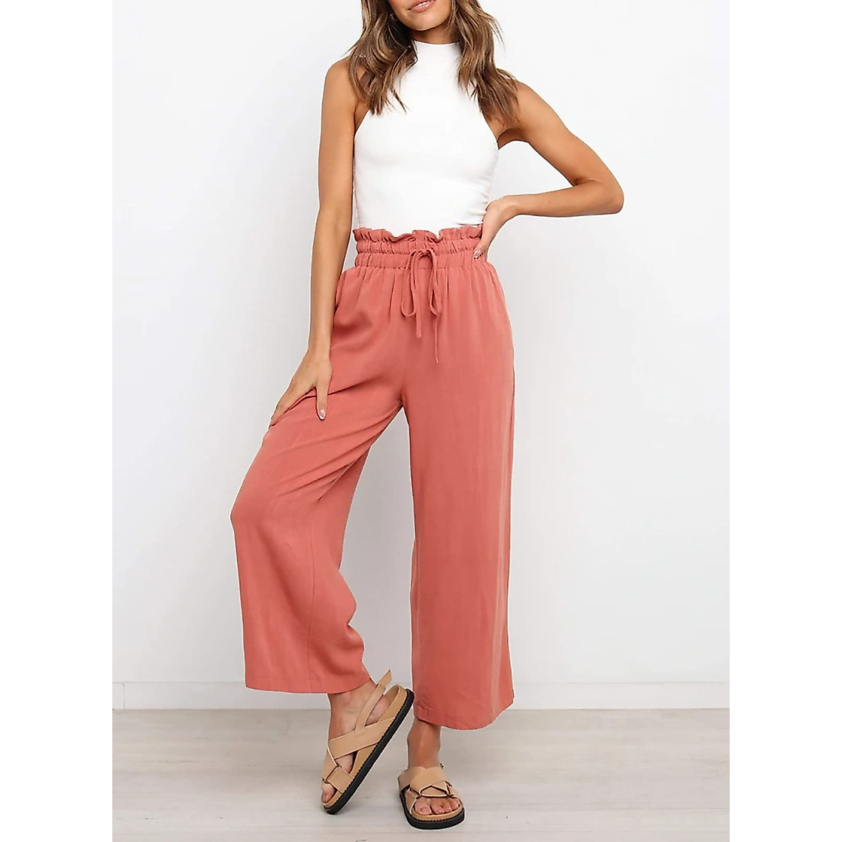 Dokotoo Womens Ladies Casual Loose Linen Blend Straight Leg Drawstring Tie Elastic High Waisted Work Solid Wide Legs Pants for Women with Pockets Orange XL