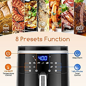 7.4 QT Air Fryer(Recipes), 9 in 1 Aigostar Air Fryer Oilless Oven with 8 Presets + Manual Mode, LED Touchscreen, Removable Nonstick Basket & Drawer Dishwasher Safe Square Design Basket.