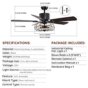 APBEAMLighting Industrial Caged Ceiling Fan Light with Remote Control 52 Inch Vintage Ceiling Fan Light Farmhouse Black Retro Indoor Fandelier with 5 Reversible Wood Blades for Living Room Bedroom