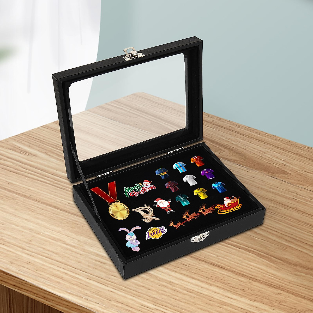 Dustproof Pin Display Case PU Leather 8''x6'' Pin Display Board Shadow Box Frame with Hooks and Wood Frame For Enamel Pin, Military Medals, Jewelry Pins, Pin Badge Collection, Rings, Necklaces (Black)