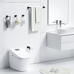 Matte Black Bathroom Hardware Accessories Set 5-Piece Towel Bar Set with Rotatable Square Towel Ring,Bath Towel Holder Set SUS304 Stainless Steel Wall-Mounted,16 Inch