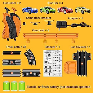 Slot-Car-Race-Track-Sets for Boys Kids, Battery or Electric Race Car Track with 4 High-Speed Slot Cars, Dual Racing Game 2 Hand Controllers Circular Overpass Track, Toys Gifts for 6-8 8-12 Boys Girls