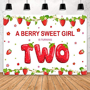 MEHOFOND 7x5ft Sweet Strawberry Theme 2nd Birthday Party Decoration Backdrop for Berry Sweet Girl Two Year Old Photography Background Cake Table Gift Table Photo Props Banner Supplies