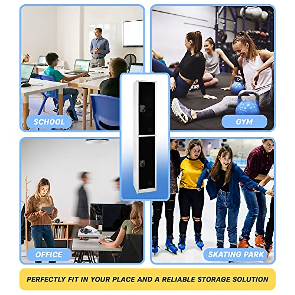 AdirOffice Large School Locker with 2 Doors 2 Hooks Storage Locker for Garage Storage - Office Storage Lockers (2 Door, Black)