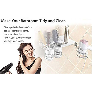Homwel Wall Mount Hair Dryer Hanging Rack Organizer - Bathroom Storage Basket for Hair Dryer, Flat Iron, Curling Wand, Hair Straightener, Brushes - Holds Hot Tools（White）