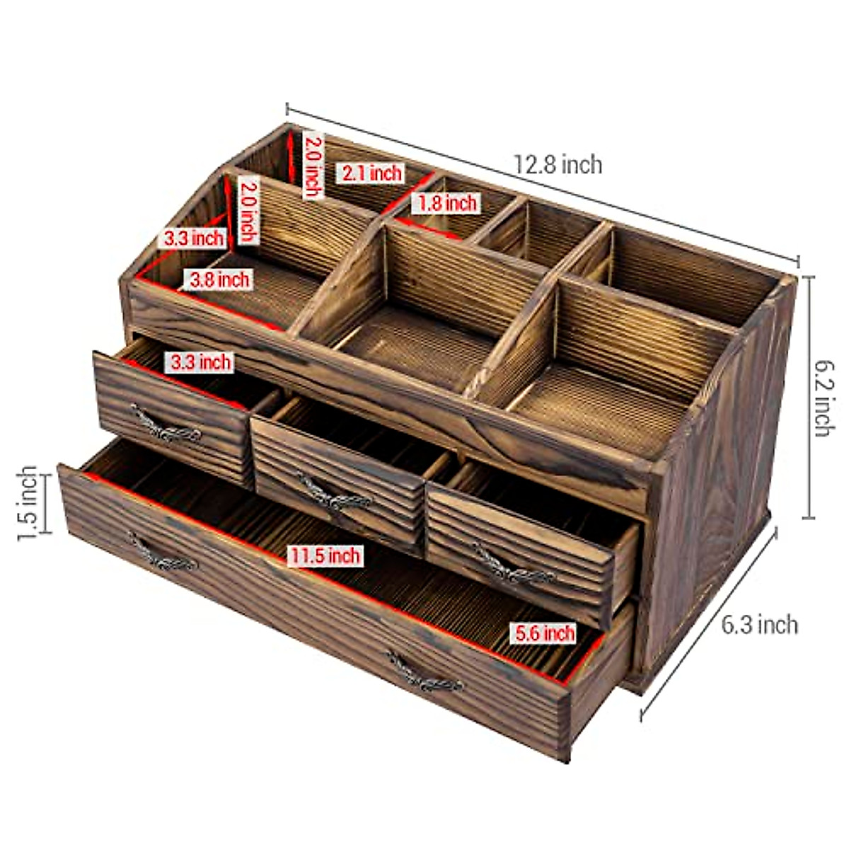 MyGift 7 Compartment Rustic Burnt Brown Wood Vanity Organizer Rack with 4 Storage Drawers for Jewelry, Perfume, Cosmetics and Hair Accessories