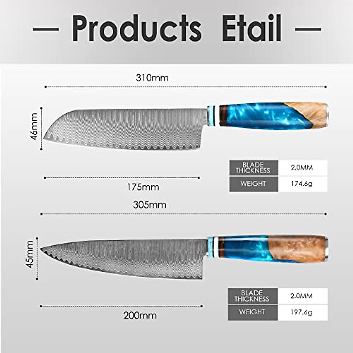 Kuwata Chef Knife Set Damascus, 2PCS Professional Japanese VG-10 High Carbon Stainless Steel Kitchen Knife Set Chefs Knife, Santoku Knives, Knives Set for Kitchen with Gift Box
