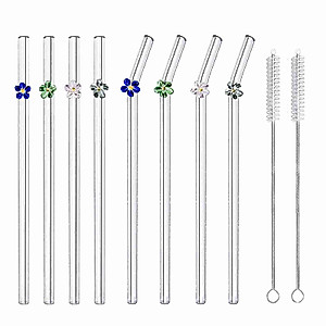 SALIKATE 8 PCS Reusable Glass Drinking Straws, 7.9in X 8mm, Colorful Shatter Resistant Glass Smoothie Straws with Rose Flower,with 2 Cleaning Brushes,for Beverages,Shakes,Juices Transparent S