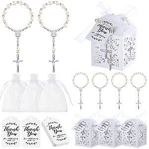 100 Pieces Rosaries Baptism Sets Including 25 Pcs Mini Rosary 25 Pcs Cross Favor Boxes 25 Pcs Organza Gift Bags and 25 Pcs Thank You Kraft Tags Guest Return Gifts for Baby Shower Wedding Decor