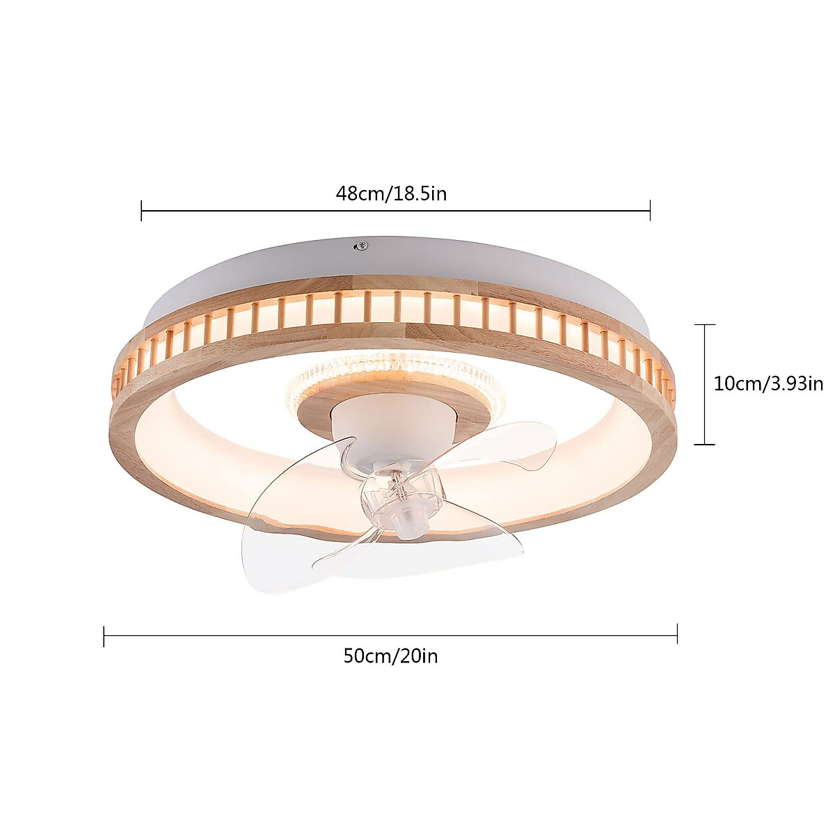 ONEPOINTPOINT Ceiling Fan with Lights 20 Inch Low Profile Flush Mount Round Wood Ceiling Light with Fan 3 Invisible Blades Remote 3 Color Dimming 6 Wind speeds for Bedroom Living Room Log Color