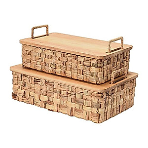 Household Essentials, Natural Stackable Hyacinth Baskets with Oak Lids, Set of 2