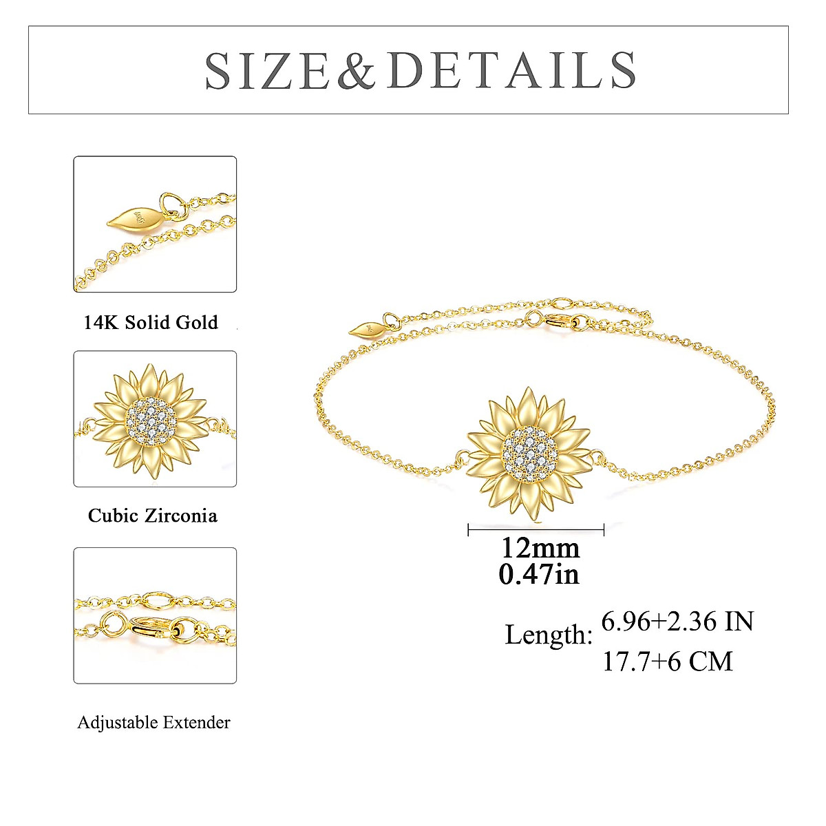 KECHO 14k Yellow Gold Sunflower Bracelet for Women, Fine Gold Jewelry Gifts for Her (Sunflower Bracelet)