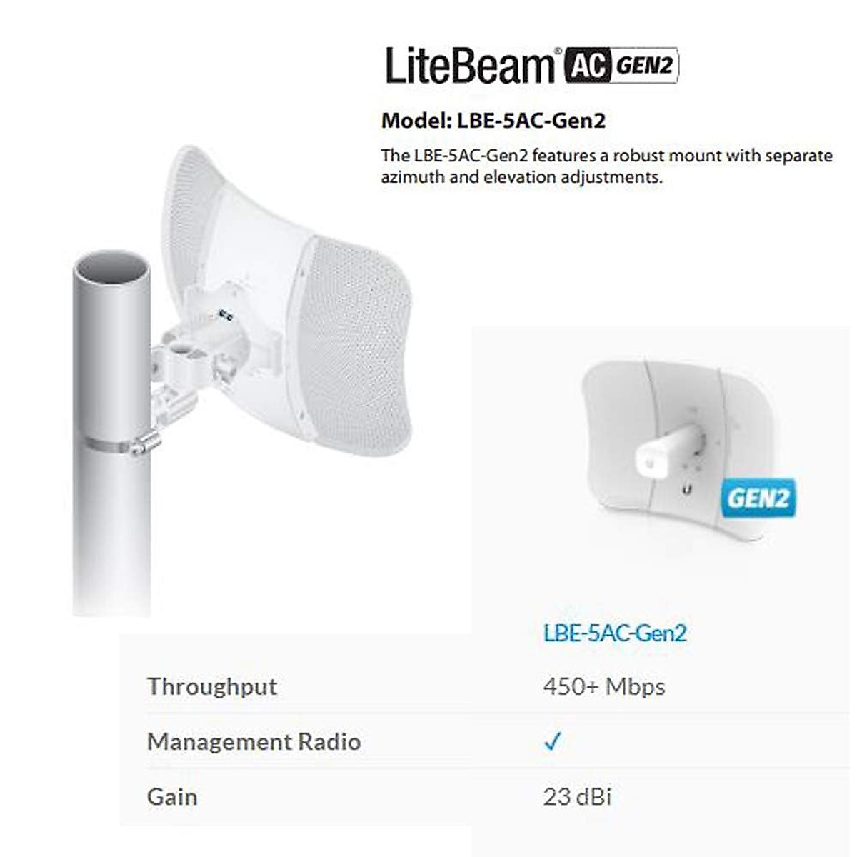 LiteBeam Antenna 802.11ac LBE-5AC-Gen2-US 2X2MIMO airMAX Gen2 5GHz 23dBi 450+ Mbps CPE