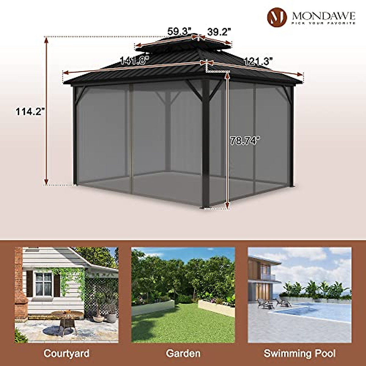 MONDAWE 10x12Ft Hardtop Gazebo with Netting Heavy Duty Permanent Gazebo Galvanized Steel Double Roof Pavilion Steel Frame Canopy Outdoor for Patio Lawn Garden
