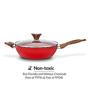 Phantom Chef 11" Deep Frypan 5 Qt Wok | Aluminum Body Non-Stick Ceramic Coating | With Soft Touch Stay Cool Handle | Dishwasher Safe | Non-Toxic PFOA & PTFE Free (Red)