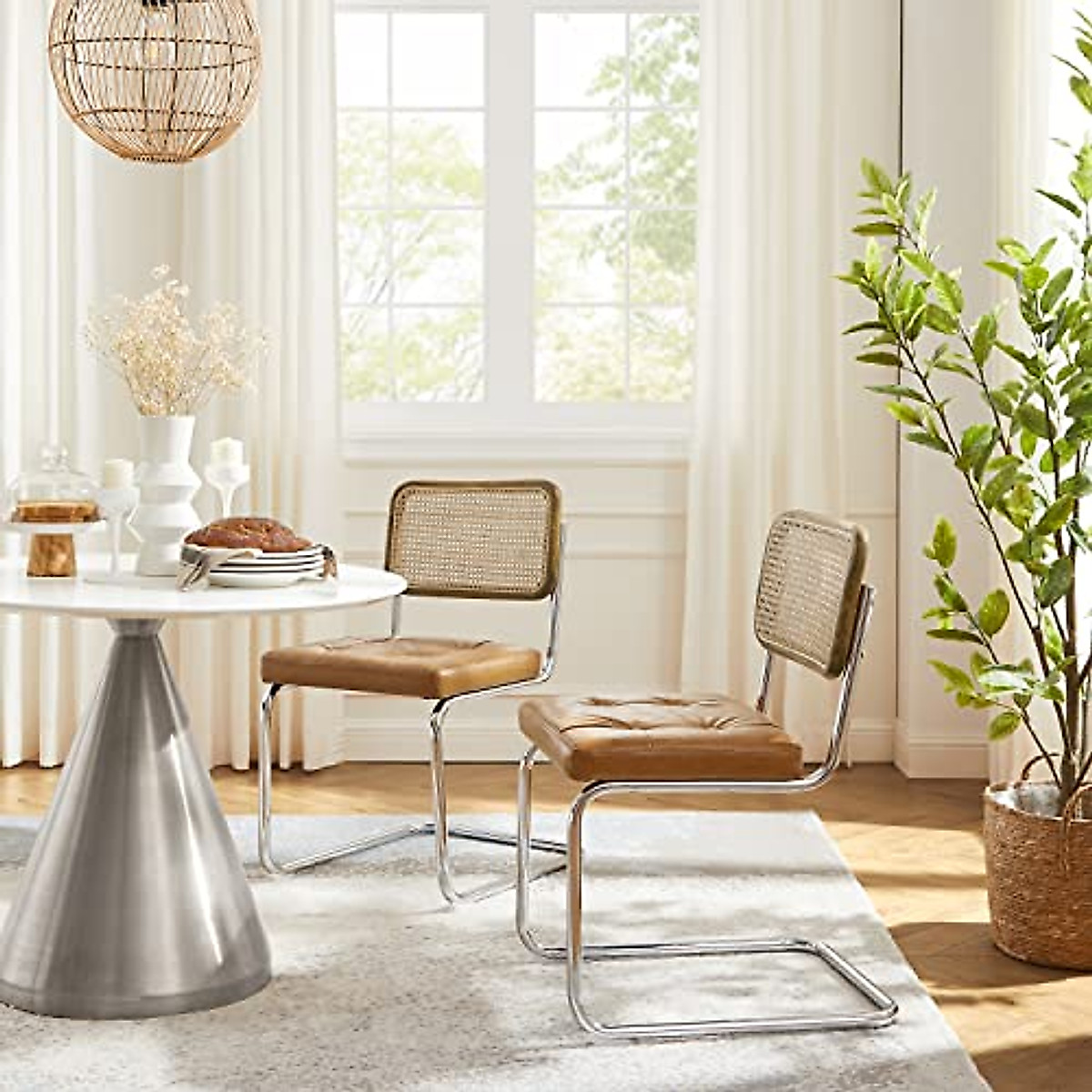 Zouron Mid-Century Modern Dining Chairs, Leather Accent Kitchen Chairs with Rattan Back, Armless Upholstered Fabric Spone Chairs with Chrome Metal Legs, Set of 2, Yellwo Brown