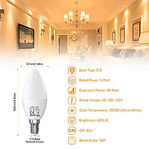 ORALUCE E12 LED Candelabra Light Bulbs - 40 Watt Equivalent, 3000K Warm White Chandelier Non-dimmable, Type B Light Bulb for Ceiling Fan, 5W 450LM 6 Pack