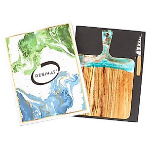 Large wooden charcuterie Board, Paddle 11.5 in x 11.5 in plus 5in Handle, Serving Platter, Cheese Board and Knife Set in Gift box. Charcuterie board, Handmade Ocean themed Epoxy Resin