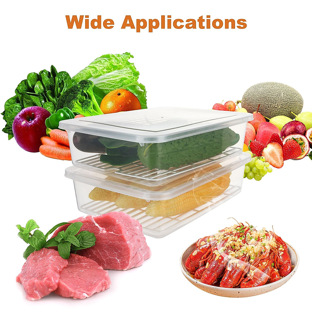 YAYODS 6 Pack Food Storage Containers for Fridge Plastic Refrigerator Storage Containers with Removable Drain Plate and Lid, Stackable Freezer Food Storage Containers for Fruits, Vegetables, Meat