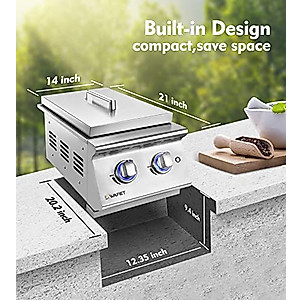 WAFIET Built-in Double Grilling Side Burners with Lid for Outdoor Kitchen BBQ Island, 304 Stainless Steel, 15,000BTU Liquid Propane/Natural Gas Grill with Drip Tray - LPG/NG Convertible