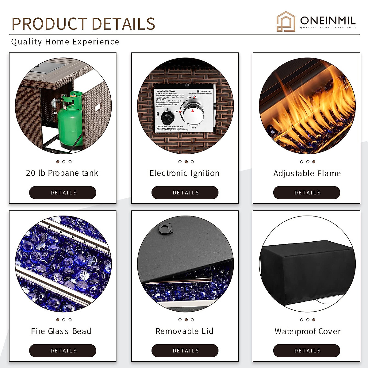 oneinmil 44" Outdoor Fire Pit Table, CSA Certification 50,000 BTU Propan Fire Pit Table with Auto-Ignition, Patio Wicker Firepit with Oxford Cover, Grey