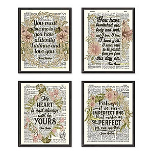 Jane Austen Quote Wall Art Prints, Set of 4, Unframed, Vintage Highlighted Dictionary Page floral Wall Art Decor Poster Sign, 8x10