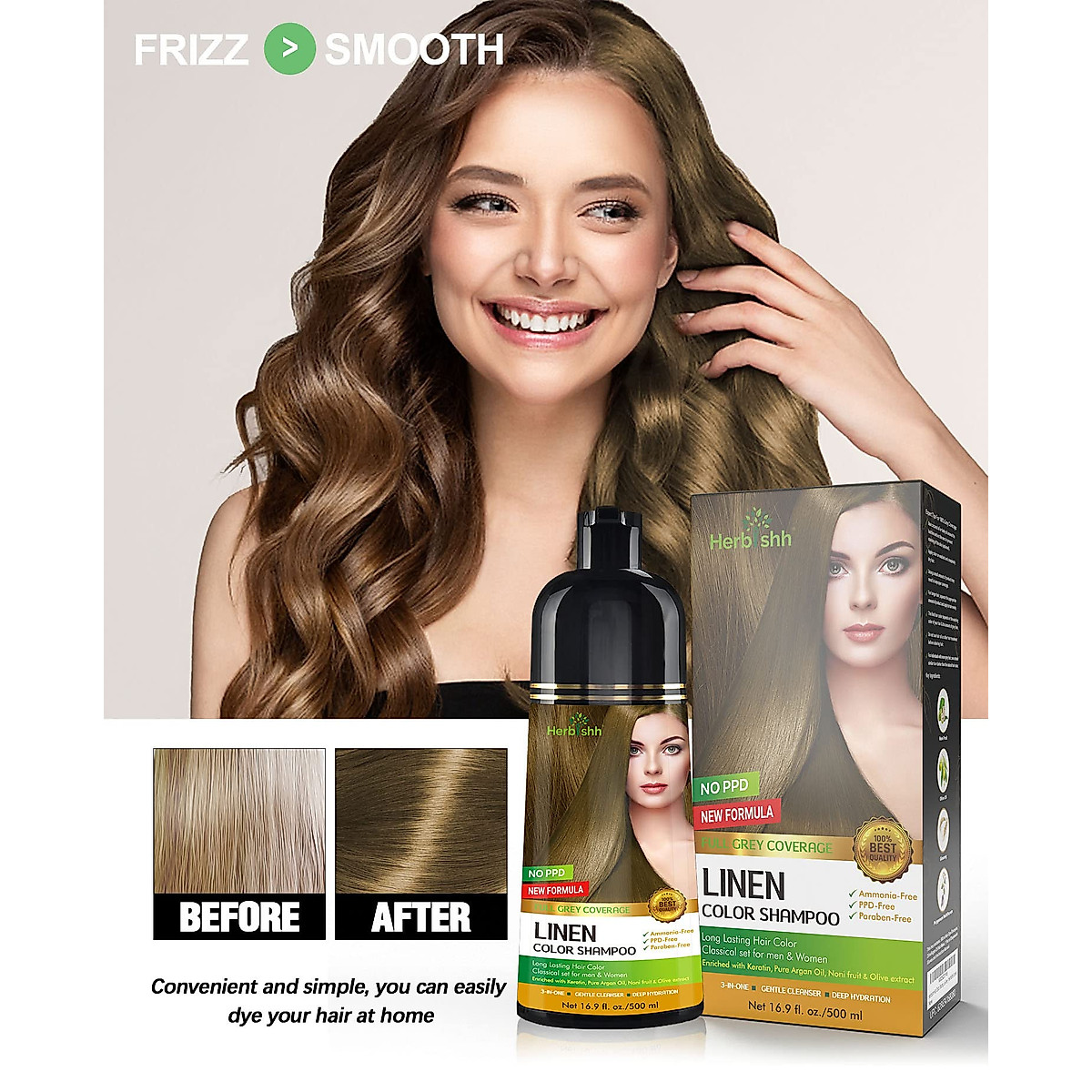 Herbishh Hair Color Shampoo - Magic Gray Hair Dye, Long-Lasting 3-in-1 Coloring Formula, 500ml, Ammonia-Free (Linen)