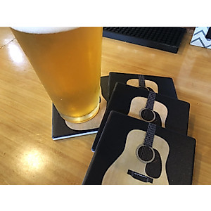 Guitar Ink – Dreadnought Acoustic Guitar Ceramic Drink Coaster Set 4 Pack - Square 4 1/4" Ceramic with Cork Bottom Gift