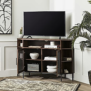 Walker Edison Modern Metal Mesh and Wood Corner TV Stand for TV's up to 55", 48 Inch, Dark Walnut