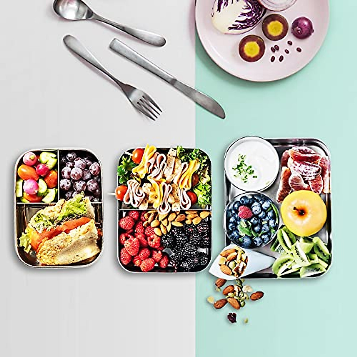 OXYEFEI Stainless Steel Bento Box, Personalized Lunch Container 3 Compartments can Hold All Kinds of Food Metal Lunch Box for Children or Adults (1800ml)