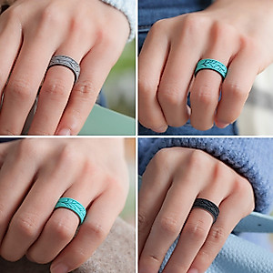 ThunderFit Silicone Rings for Women, Patterned Design Wedding Bands - 1/4/7 Variety Multipack (Teal-Black, Black-Grey, Teal-Grey, Grey-Black, 6.5-7 (17.3mm))