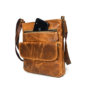 Aaron Leather Goods Women Crossbody bag with Metal Zipper Brown Black (Chestnut)