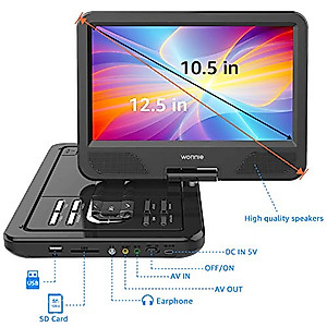 WONNIE 12.5 Inch Portable DVD Player for Car, with Rechargeable Battery, 10.5" Swivel Screen, SD Card Slot and USB Port, Gift for Kid and Senior Citizens(Black)
