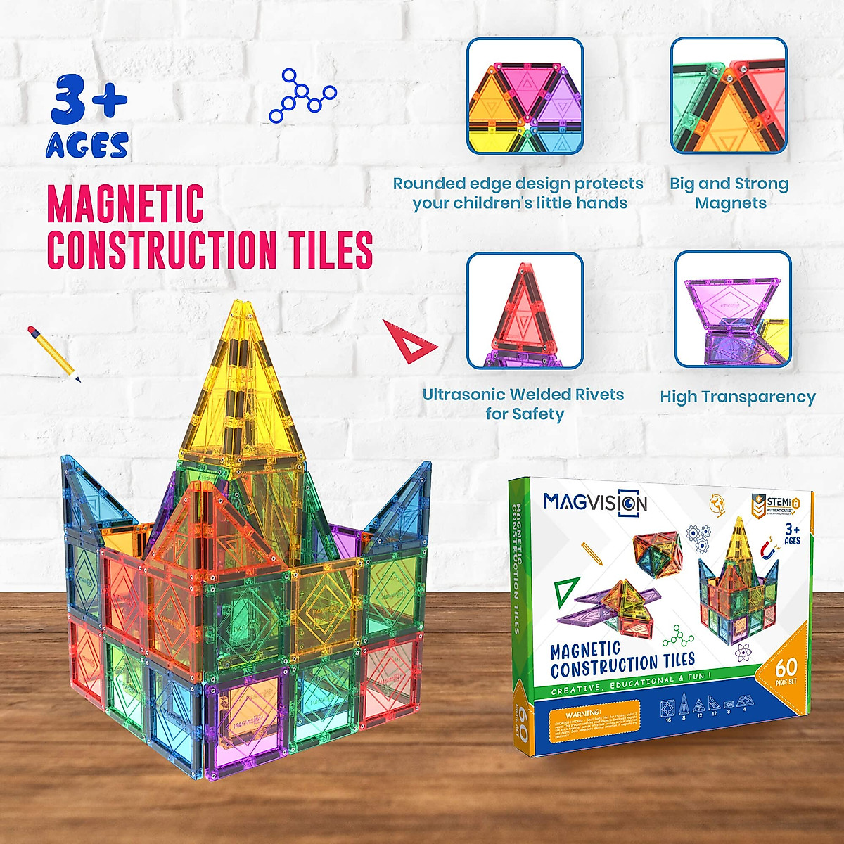 MagVision 60-Piece Magnetic Building Tiles Set, Stem Magnetic Building Blocks, Extra Strong and Safe Magnets, Stem Toys, Magnetic Blocks, Educational Toys for Children Ages 3+ Years