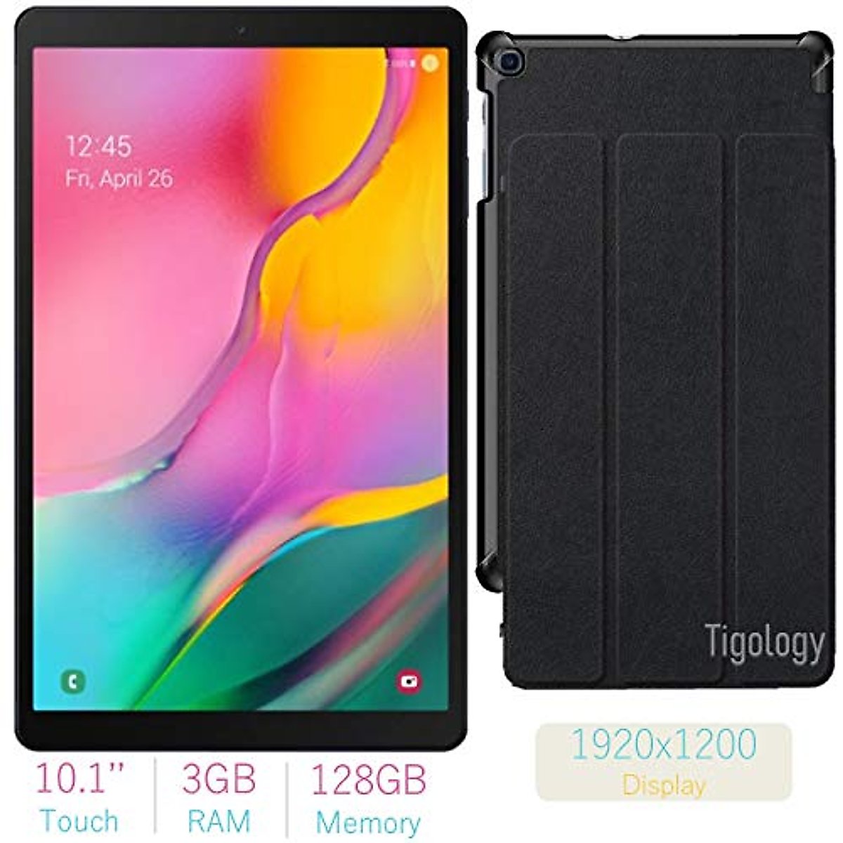 2019 Samsung Galaxy Tab A 10.1-inch Touchscreen (1920x1200) Wi-Fi Tablet Bundle, Exynos 7904A Processor, 3GB RAM, 128GB Memory, BMali-G71 MP2 Graphics, Bluetooth, Tigology Case, Android 9.0 Pie OS