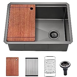 25 Inch Undermount Workstation Kitchen Sink, Gabhar Black Stainless Steel Kitchen Sink with Offset Drain