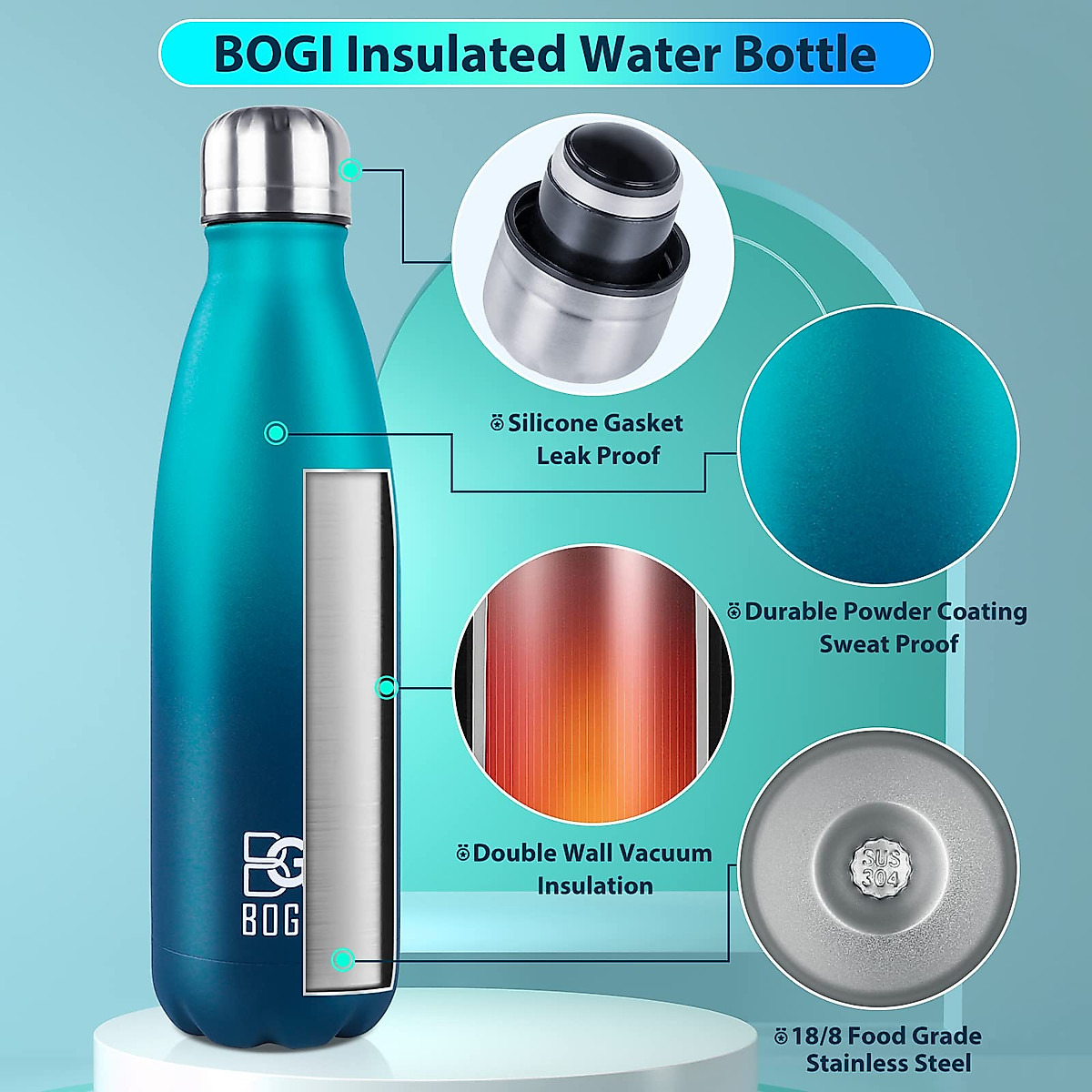 BOGI Insulated Water Bottle, 17oz Stainless Steel Water Bottles, Leak Proof Sports Metal Water Bottles Keep Cold for 24 Hours and Hot for 12 Hours BPA Free kids water bottle for School (Blue DBlue)