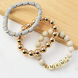 GOOJIDS Mama Bracelets For Women Stack Gold Layered Beaded Bracelet Jewelry Birthday Gifts for Mom From Daughter,son, New Mom Gifts for MAMA,Best Mom Gifts