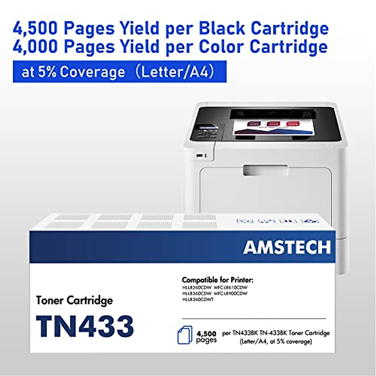 TN-433 TN 433 TN433 Toner Cartridges 4 Pack Compatible for Brother MFC-L8900CDW TN-433 TN433BK TN433C TN433M TN433Y for MFC-L8900CDW HL-L8360CDW HL-L8260CDW MFC-L8610CDW HL-L8360CDWT Printer