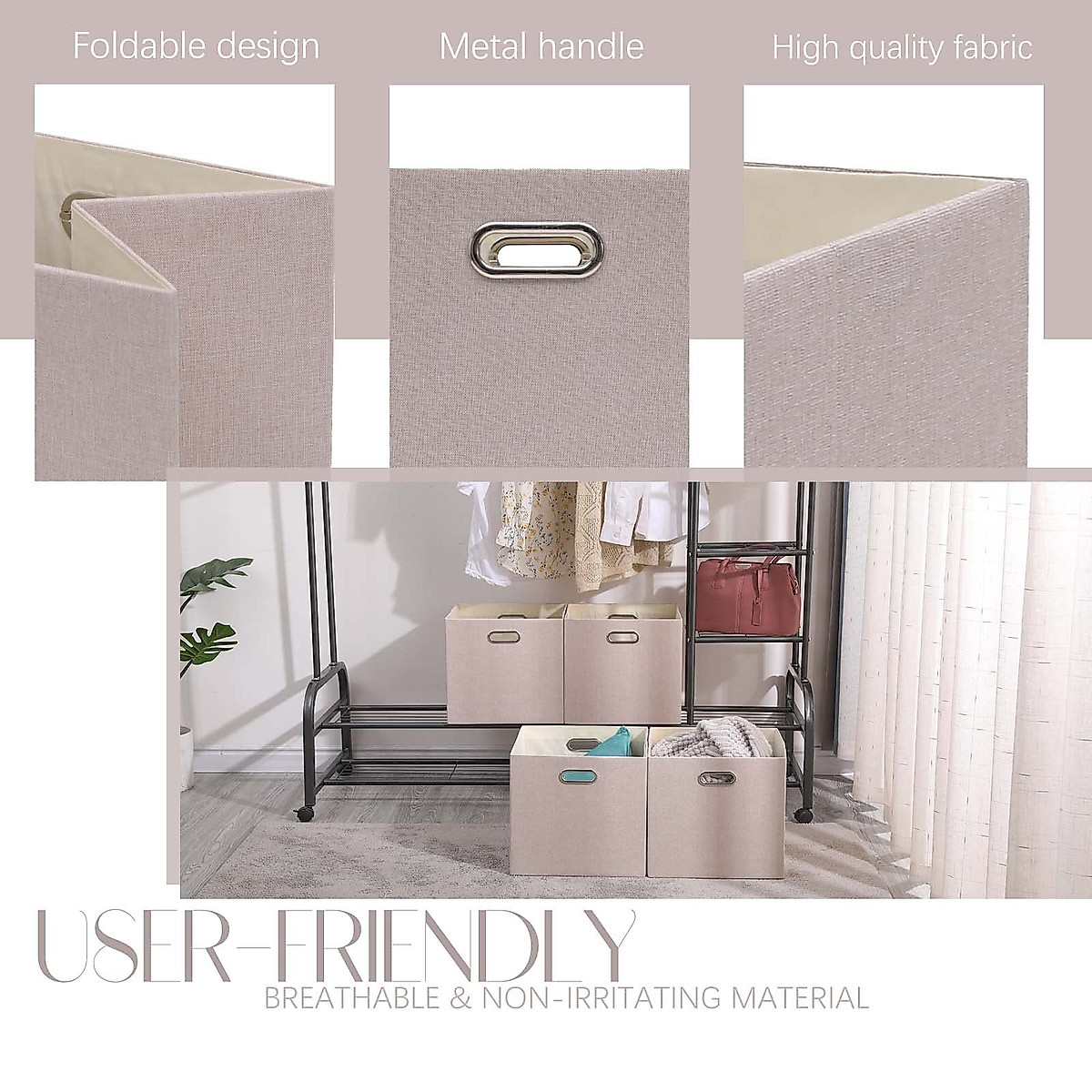 Fboxac Cube Storage Bins 13×13 Linen Foldable Box with Handles, Collapsible Organization Basket Set of 4 Large Capacity Drawer for Closet Shelf Cabinet Bookcase Bedroom, Beige Sepia