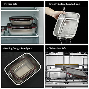 YLARMY 4PCS Stainless steel Food Storage Container with lids - Leakproof & Airtight for Kitchen,Meal Prep Lunch Box, Stackable Leftover Containers for Freezer Oven Safe 220ml/600ml/1500ml/2900ml