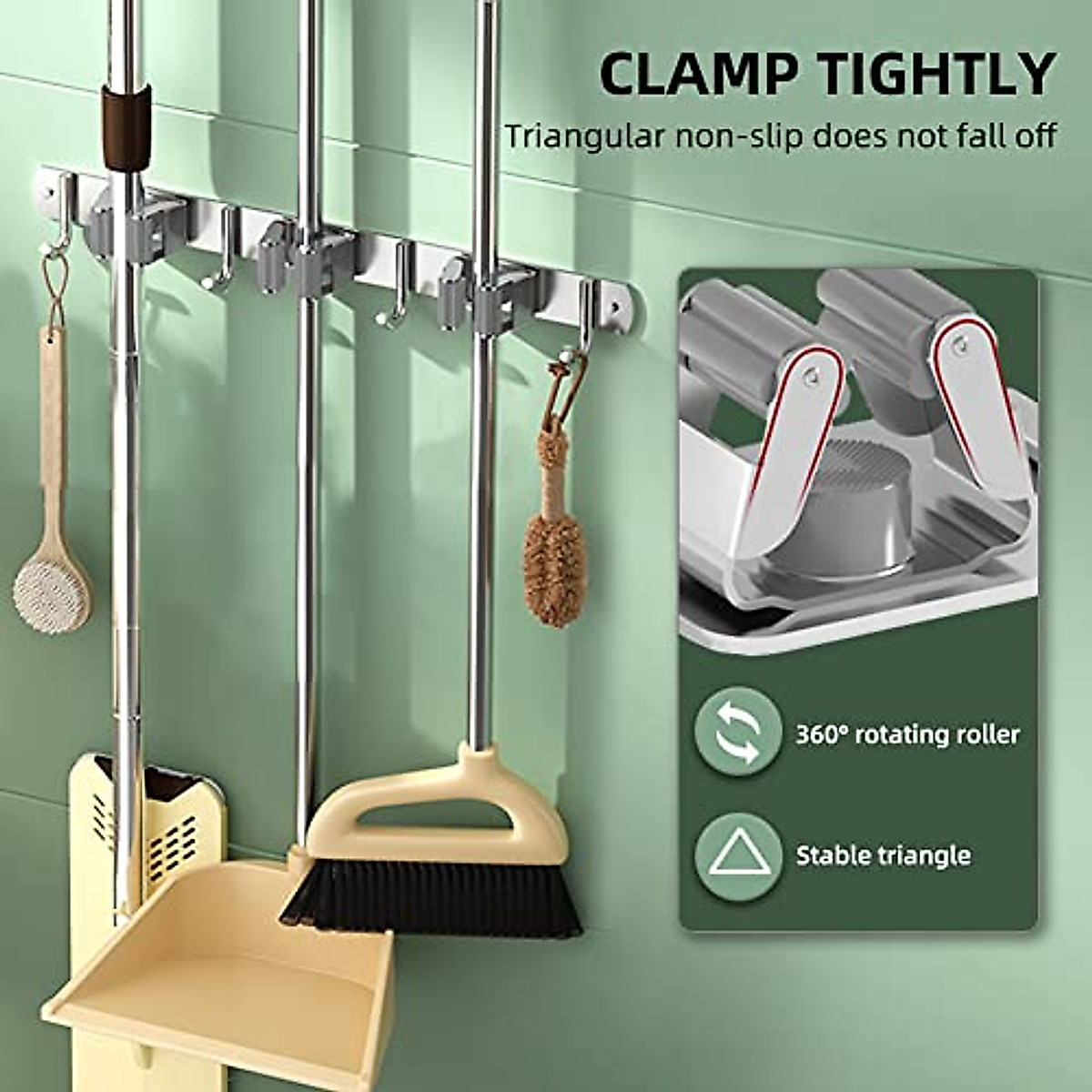 dsfen 2 Pcs Broom Holder Wall Mount Stainless Steel Mop Holder Broom Hanger Heavy Duty Broom Holder for Laundry Room Garden Garage Bathroom (3 Racks 4 Hooks)