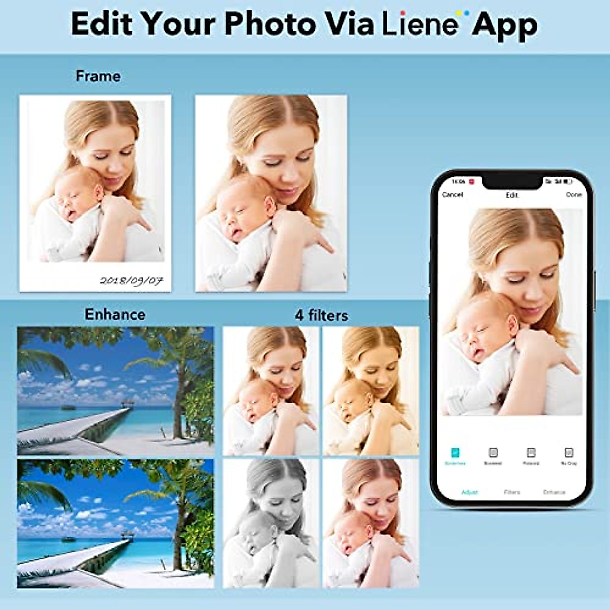 Liene 2x3” Photo Printer, Mini Instant Portable Photo Printer Bundle w/ 50 Zink Adhesive Paper, Bluetooth 5.0, Compatible w/iOS & Android, Small Picture Printer for iPhone, Smartphone, White