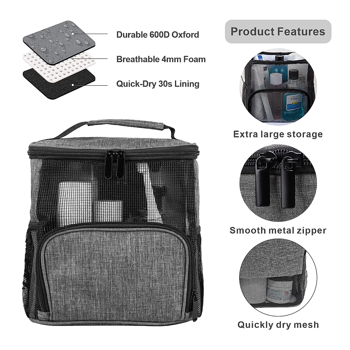 Portable Shower Caddy for Dorm & Gym & Travel - Extra Large Capacity&Drain Mesh, Quick Dry and Water Resistant with Metal Hook - Essential College Dorm for Men & Women（Grey）