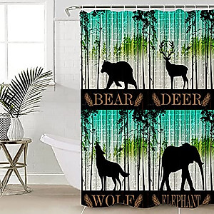 4 Pcs Shower Curtain Sets with Rugs Plant Turquoise Gradient Non-Slip Soft Toilet Lid Cover for Bathroom Forest Animals Bear Deer Wolf Elephant Bathroom Sets with Bath Mat and 12 Hooks