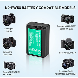 2-Pack NP-FW50 Battery Replacement for Sony ZV-E10,A6000,A6300,A6400,A6500,A7, A7S, A7R, A7 II, A7S II, A7R II, RX10, NEX-7, NEX-6, NEX-5,NP-FW50 Batteries with USB-C NP-FW50 Battery Charger